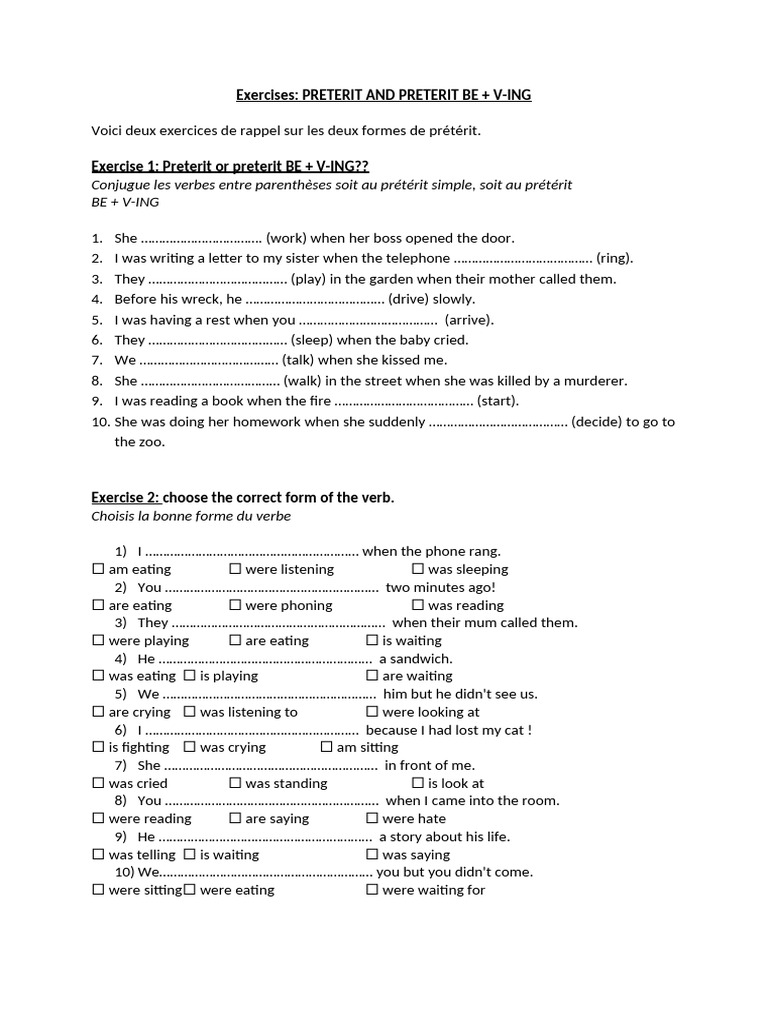 Exercises Prétérit V.S Prétérit ING | PDF