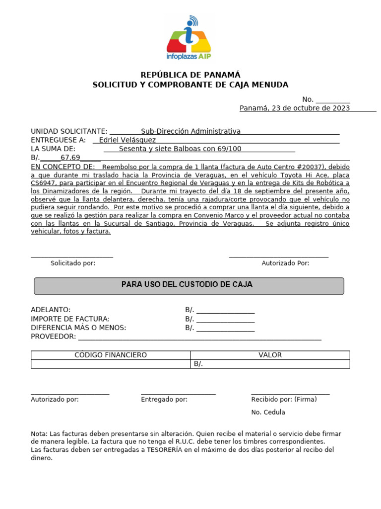 CAJA MENUDA - Compra de 1 Llanta | PDF