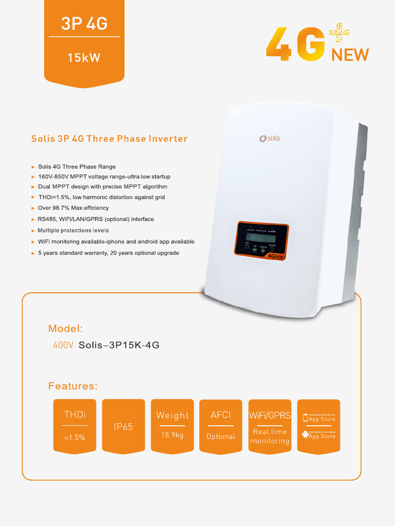 Solis 3P15K 4G 3 Phase Dual MPPT 15kW Solar Inverter W DC Isolator Data Sheet | PDF