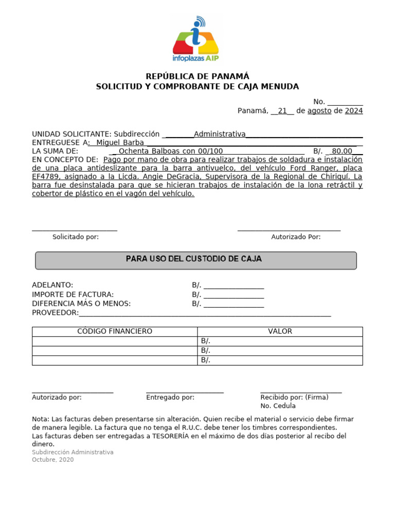 Caja Menuda de Barra Antivuelco | PDF