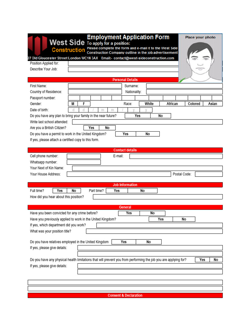 West Side Construction Job Application Form | PDF