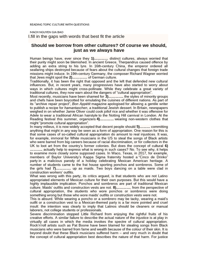 READING TOPIC CULTURE WITH QUESTIONS | PDF