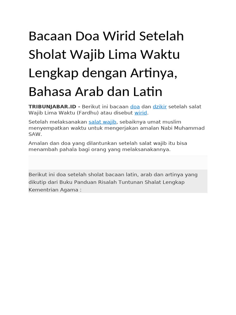 Bacaan Doa Wirid Setelah Sholat Wajib Lima Waktu Lengkap Dengan Artinya | PDF