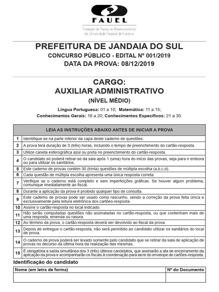 PROVA Auxiliar Administrativo | PDF