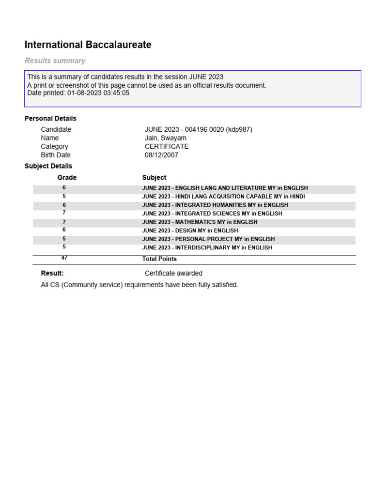 International Baccalaureate: Results Summary | PDF