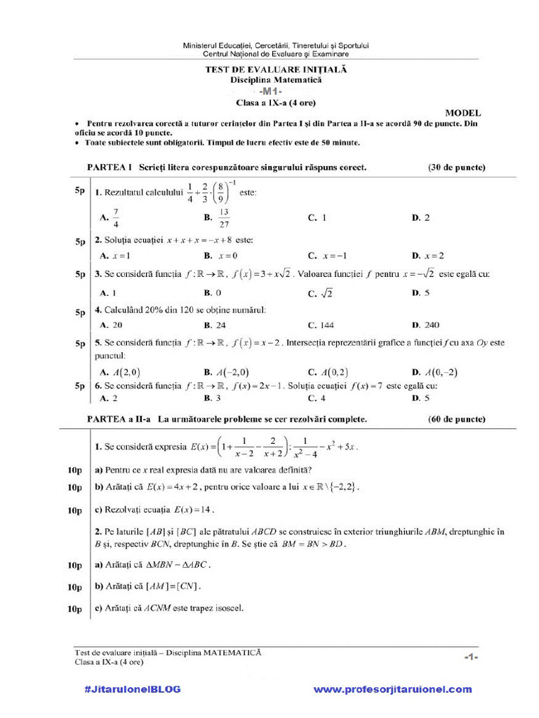 Test Initial Matematica M1 Clasa A 9 A 2024 2025 - 240910 - 220307 | PDF