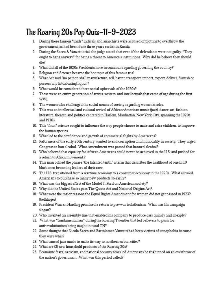 The Roaring 20s Pop Quiz-11-9-2023 | PDF | Roaring Twenties | Politics