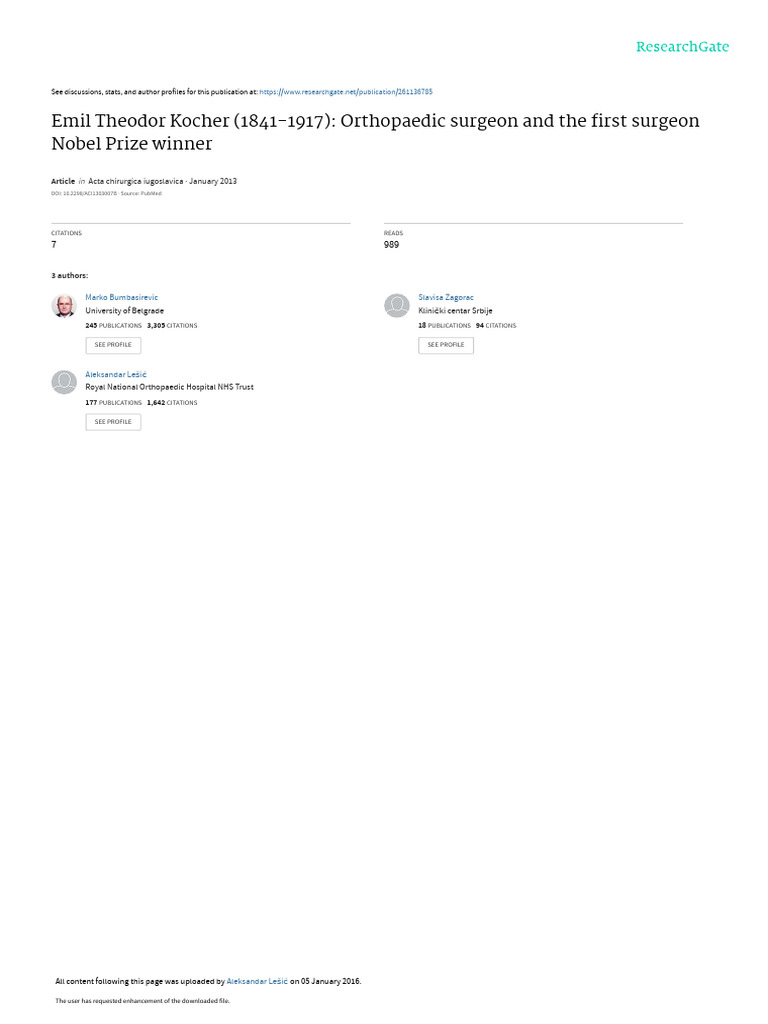 Emil Theodor Kocher (1841-1917) - Orthopaedic Surgeon and The First ...