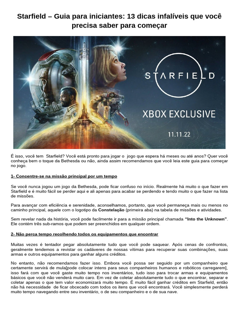 Starfield - Guia para Iniciantes 13 Dicas Infalíveis Que Voc | PDF