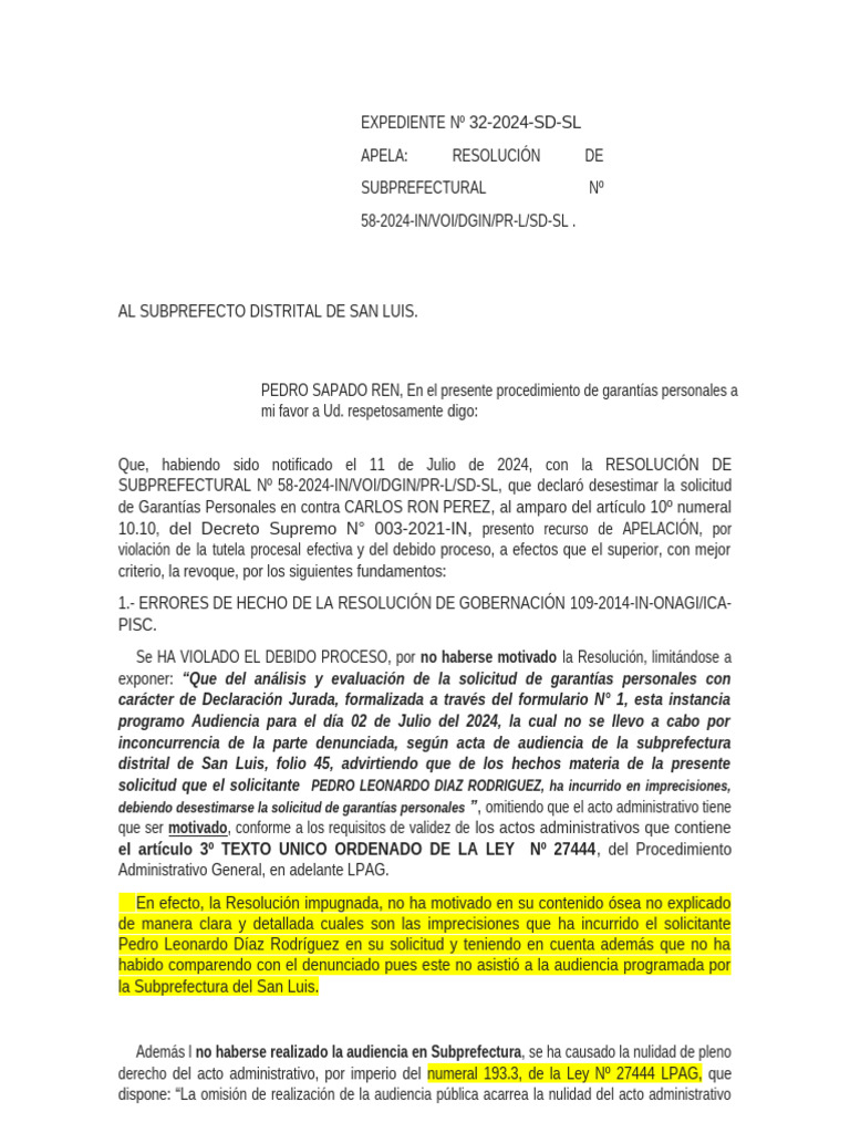 Apelación a Resolución Subprefectural 58-2024 | PDF | Debido al proceso ...