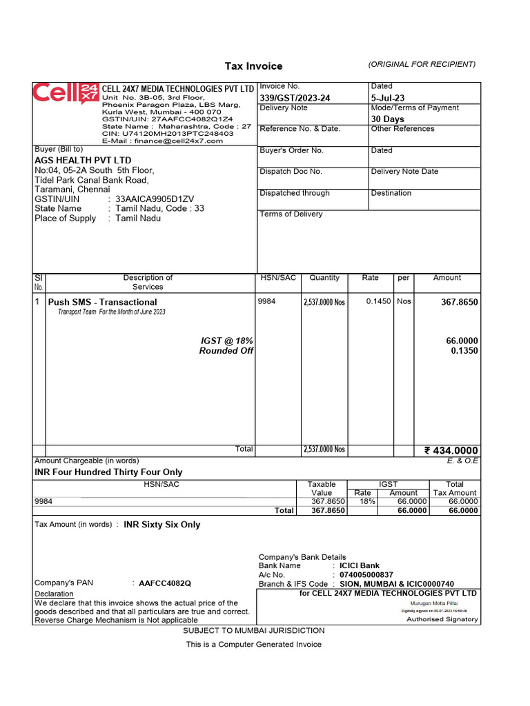 Cell 24X7 Invoice-Jun'23 (Transport) | PDF