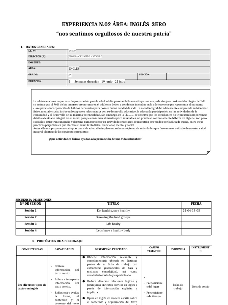 3° y 4° EXPERIENCIA DE APRENDIZAJE - EXP. 02 - INGLÉS | PDF