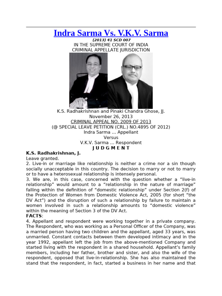Indra Sarma Vs - SC and Kerala High Court Judgments - On Domestic ...