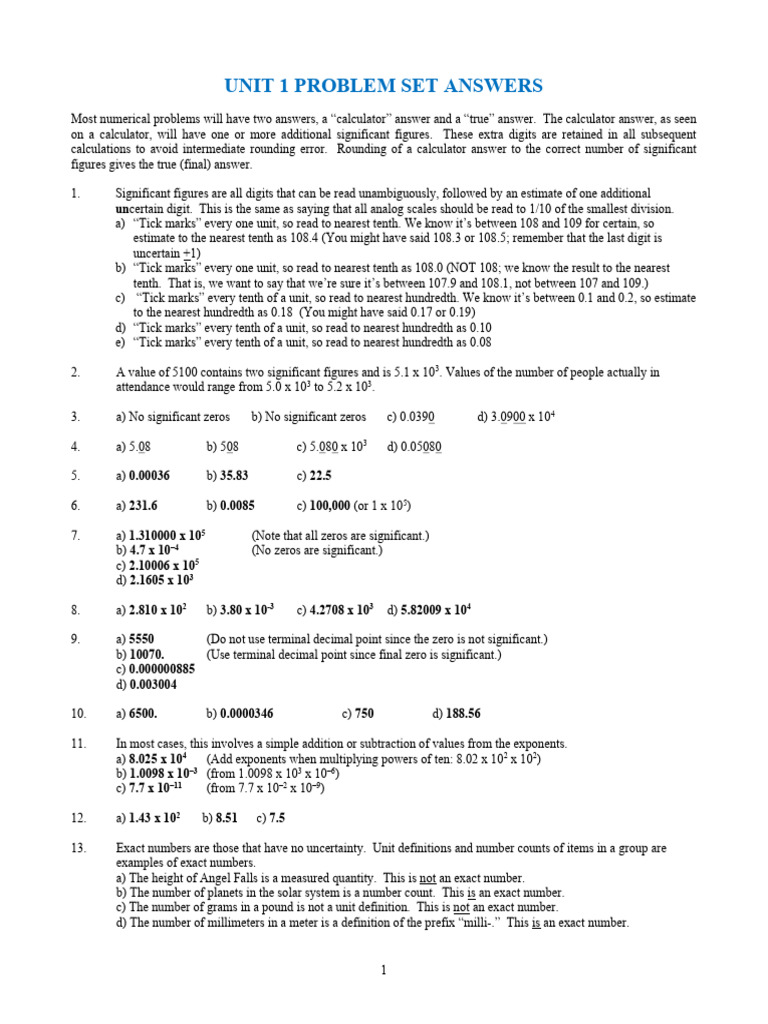 CHEM 1114 Unit 1 Problem Set Answers | PDF | Density | Mole (Unit)