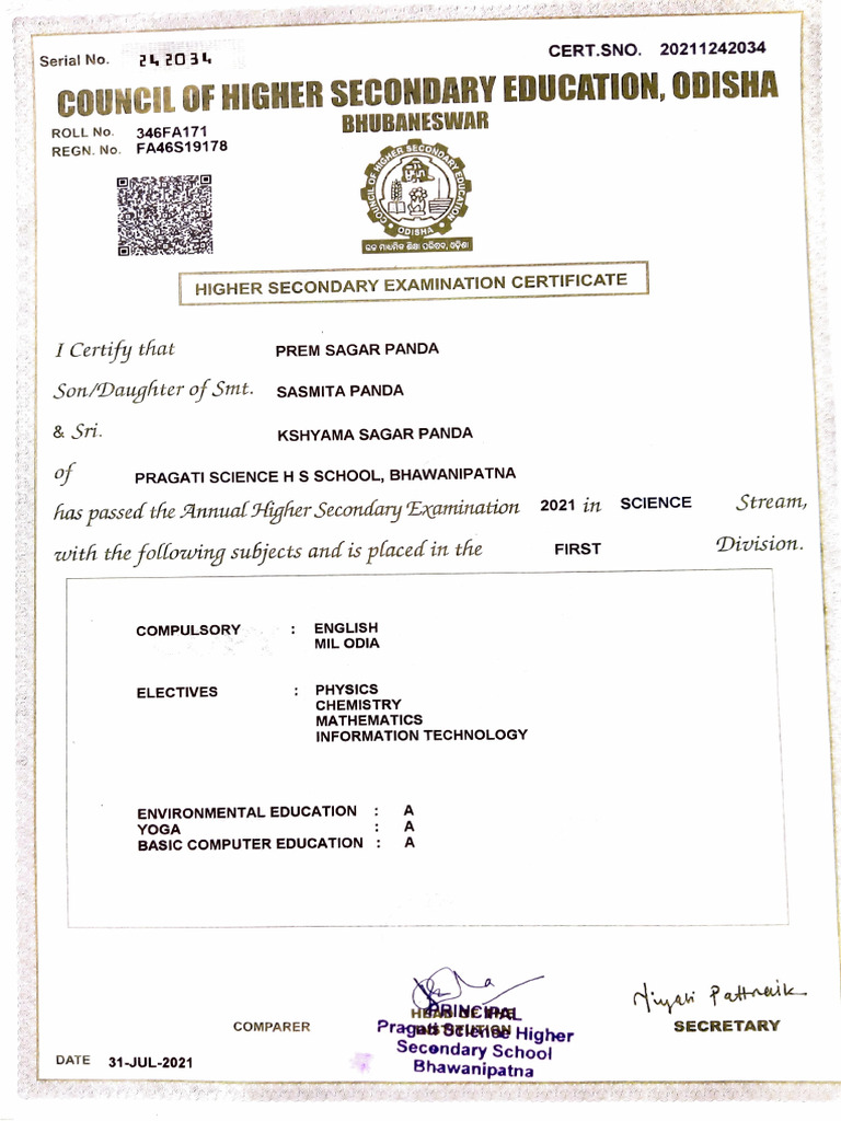 +2 Marksheet and Certificate | PDF