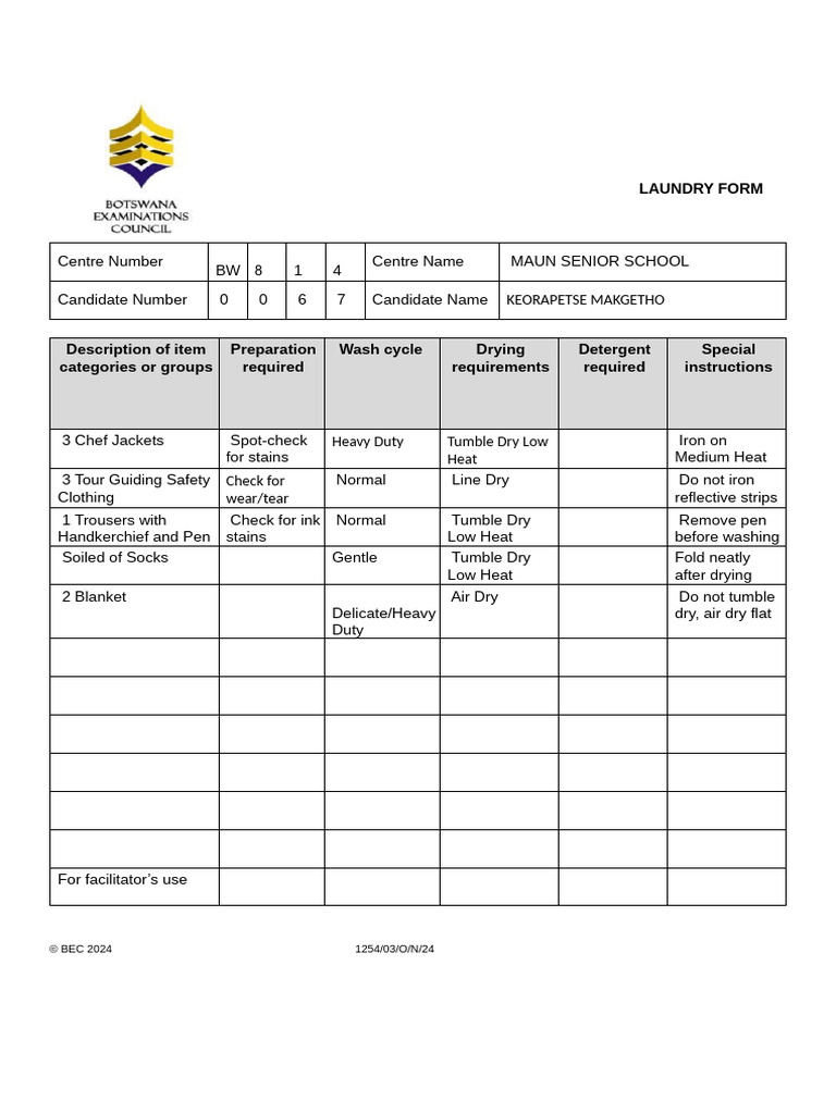 2024 Bsse House Keeping Laundry Form Paper 3 | PDF