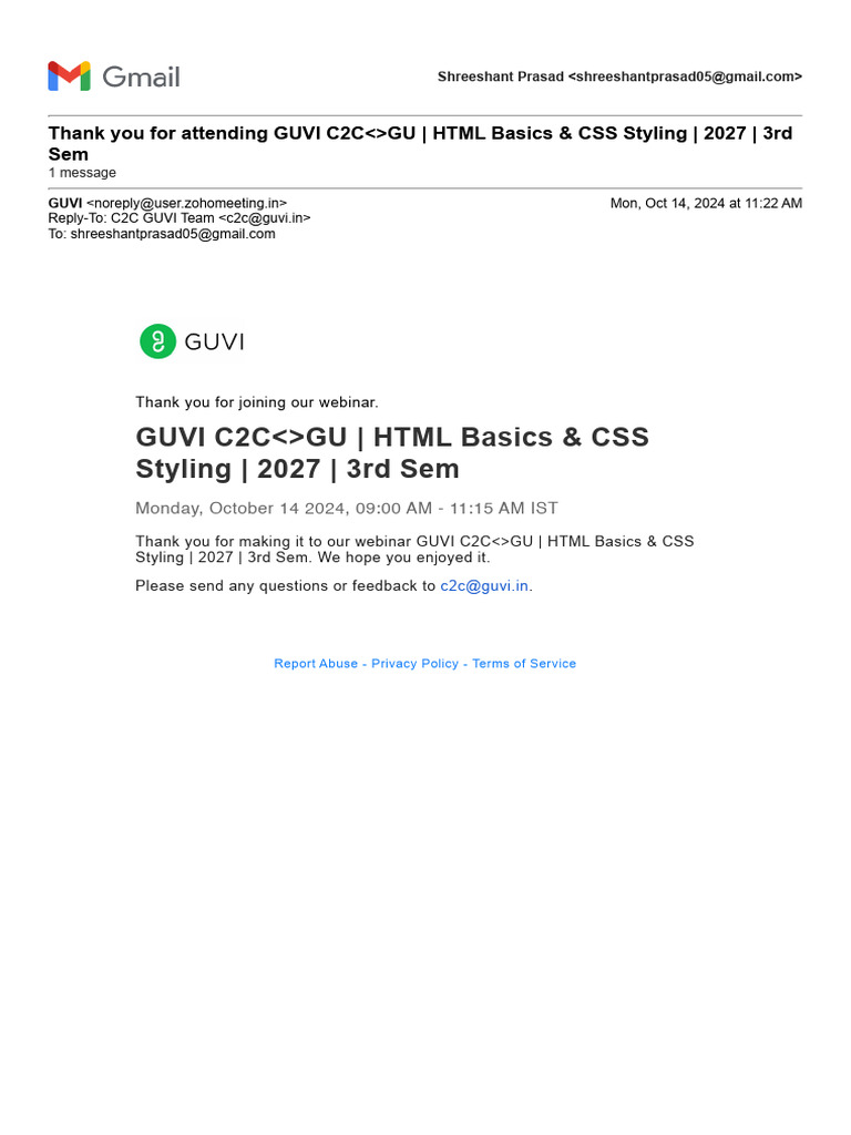 Gmail - Thank You For Attending GUVI C2C - GU - HTML Basics & CSS Styling - 2027 - 3rd Sem | PDF