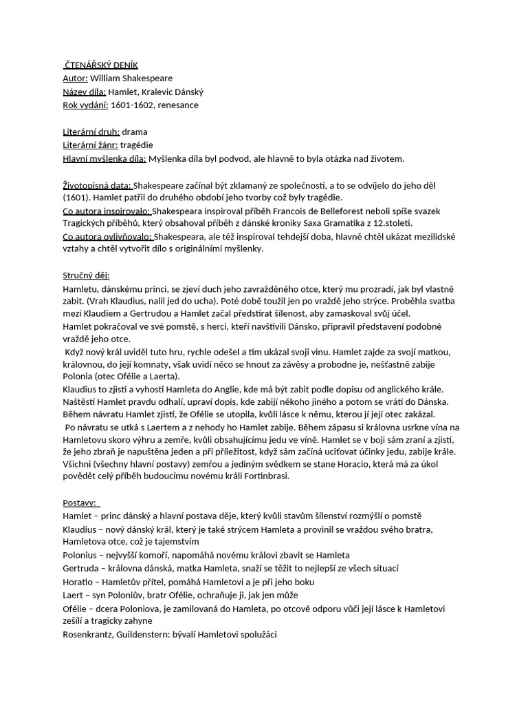 ČTENÁŘSKÝ DENÍK - Haml | PDF