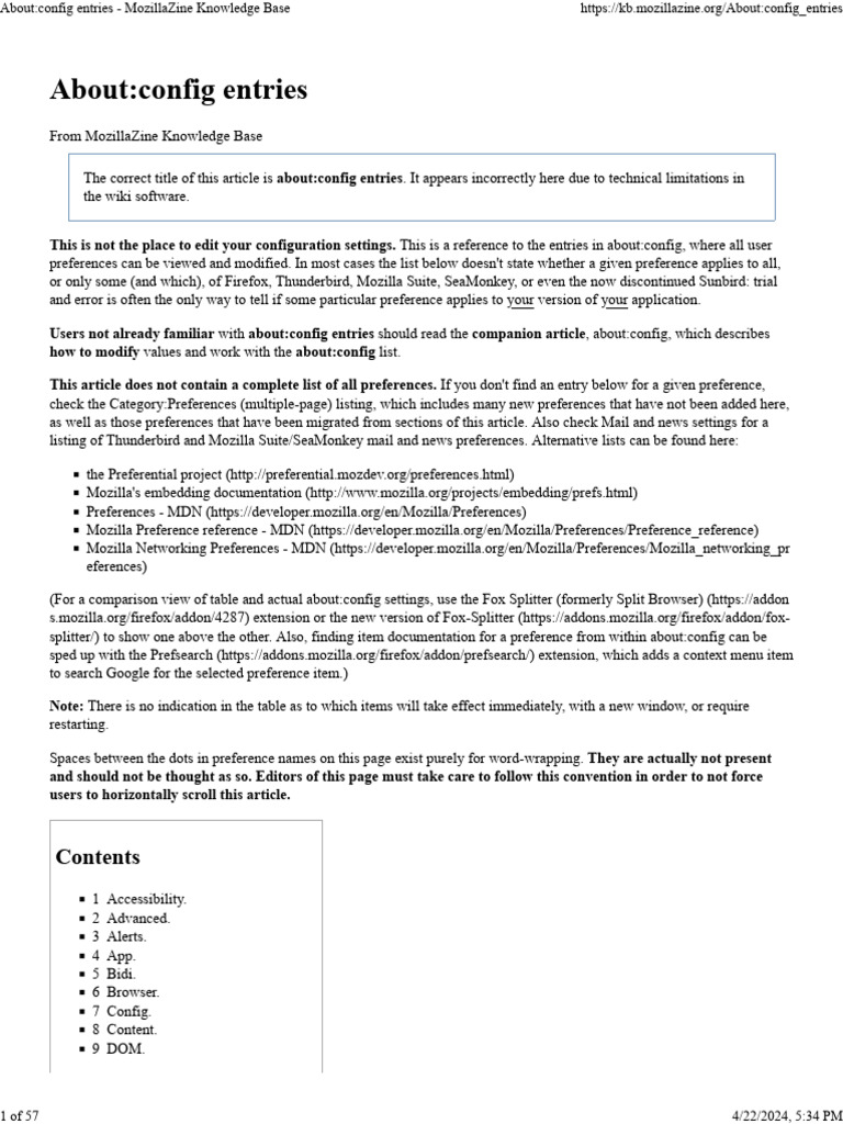 About Config Entries - MozillaZine Knowledge Base | PDF