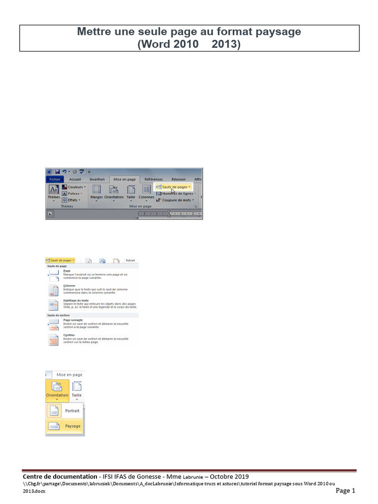 Tutoriel Format Paysage Sous Word 2010 Ou 2013 | PDF