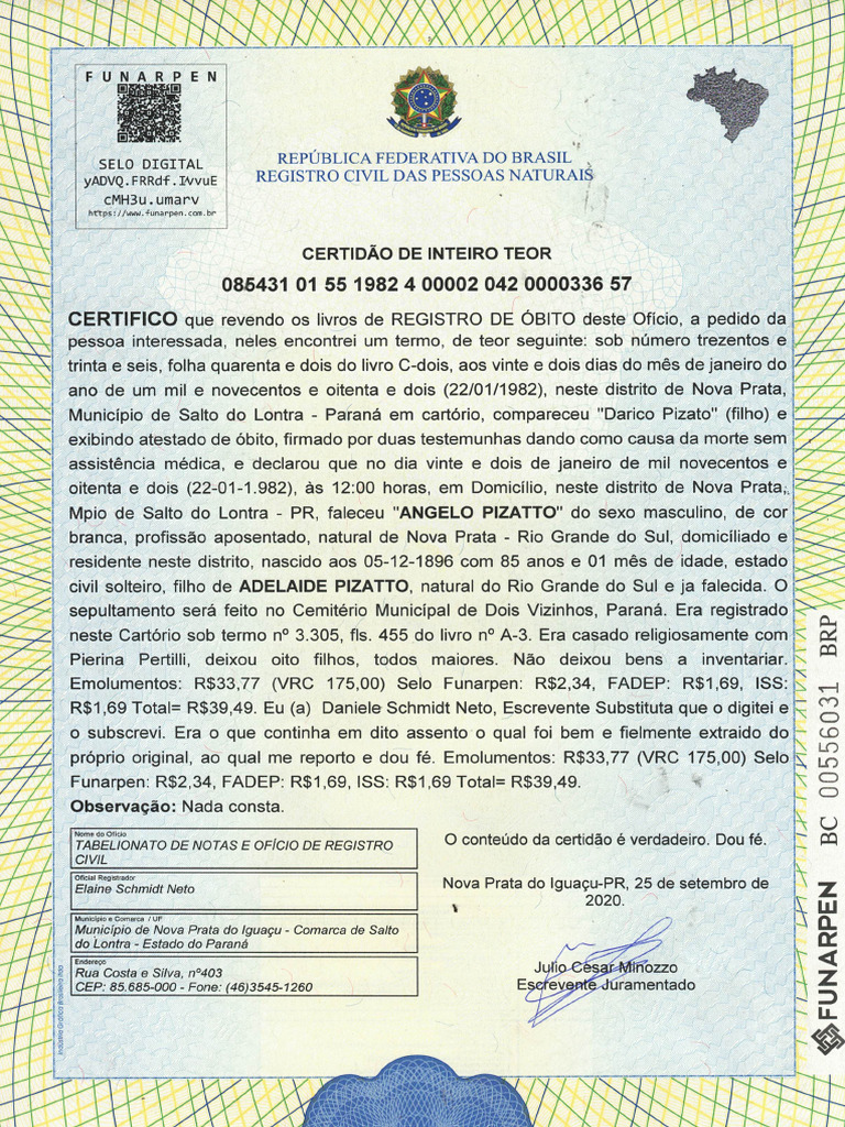 Certidao Inteiro Teor de Obito de Angelo Pizzato | PDF