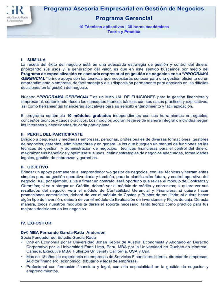 Brochure Programa Gerencial 202402 | PDF | Contabilidad | Iniciativa empresarial