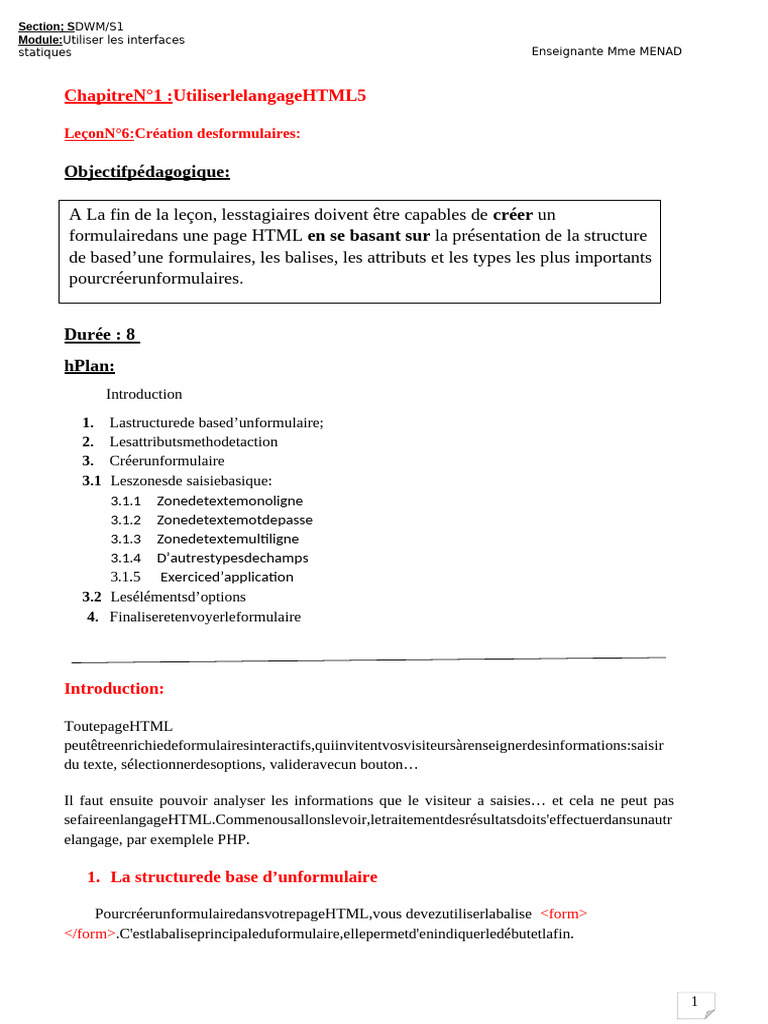 Chapitre1 HTML - Cours 06 Les Formulaires | PDF