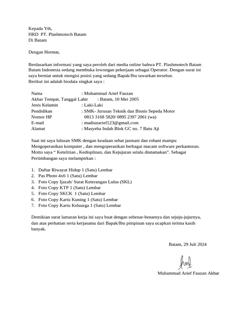 SURAT LAMARAN PT. Plasmotech | PDF