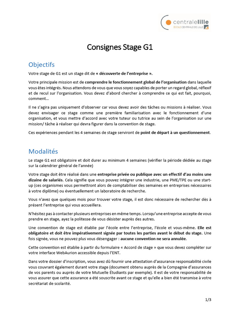 G1 - Stage G1 - Consignes | PDF | Career & Growth