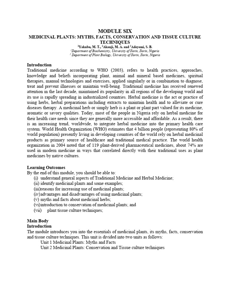 Medicinal Plants Myths, Facts, Conservation and Tissue Culture ...