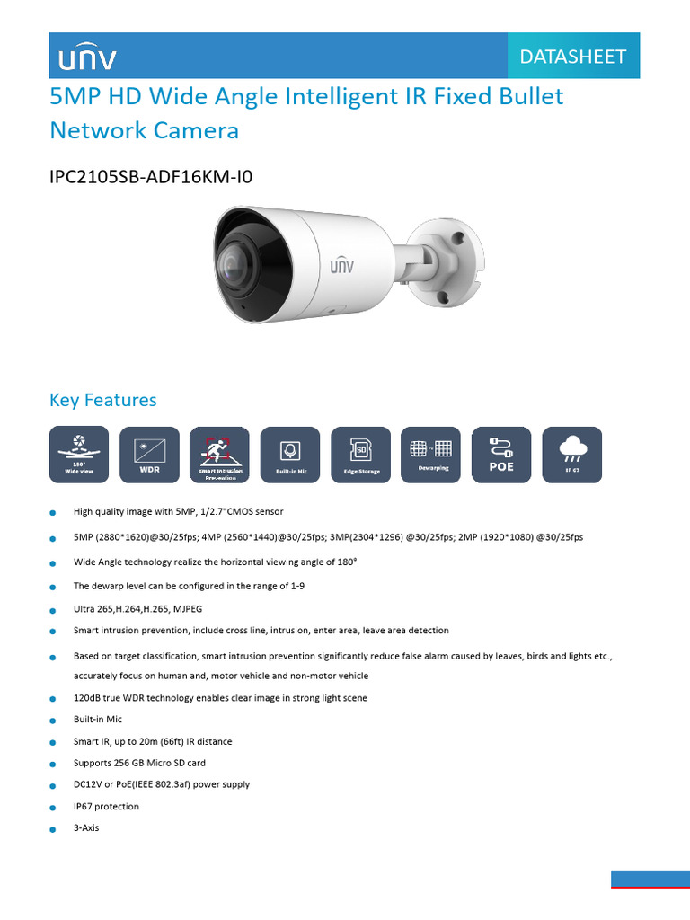 UNV 【Datasheet】IPC2105SB-ADF16KM-I0 5MP HD Wide Angle Intelligent IR Fixed Bullet Network Camera ...