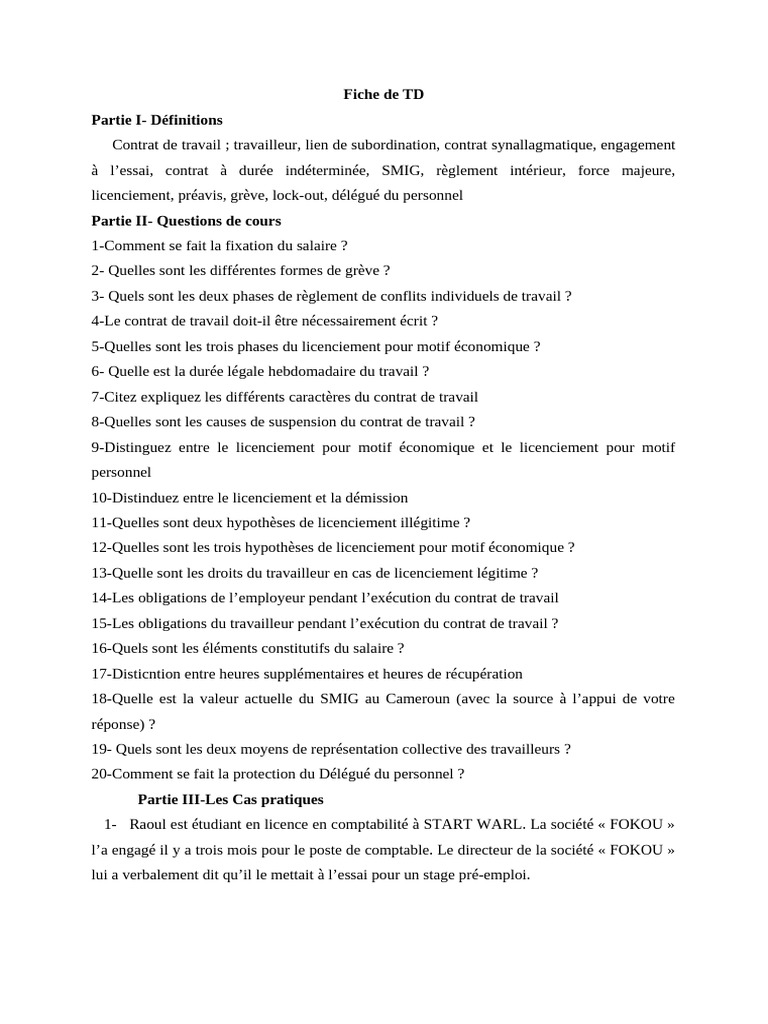 Fiche de TD Droit Du Travail | PDF