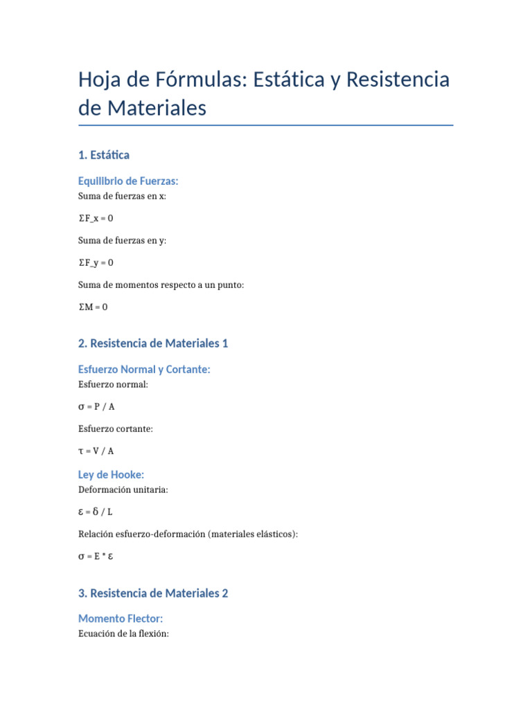 Hoja de Formulas Estatica Resistencia Materiales | PDF