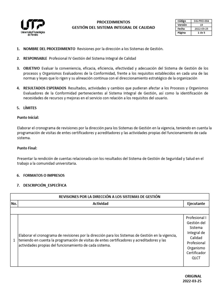 SIG-PRO-004 V19 Revisiones Por La Dirección A Los Sistemas de Gestión | PDF
