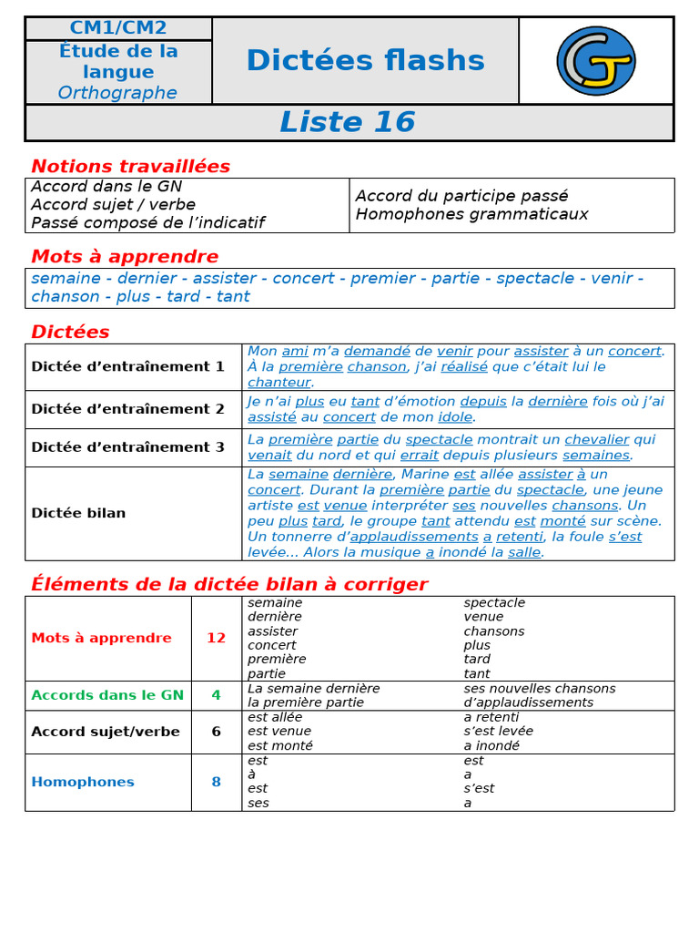 Dictees Flashs CM1 CM2 Liste 16 | PDF