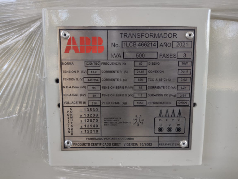 Placa Trafo ABB 500 Kva 13200-440 - 254 V | PDF
