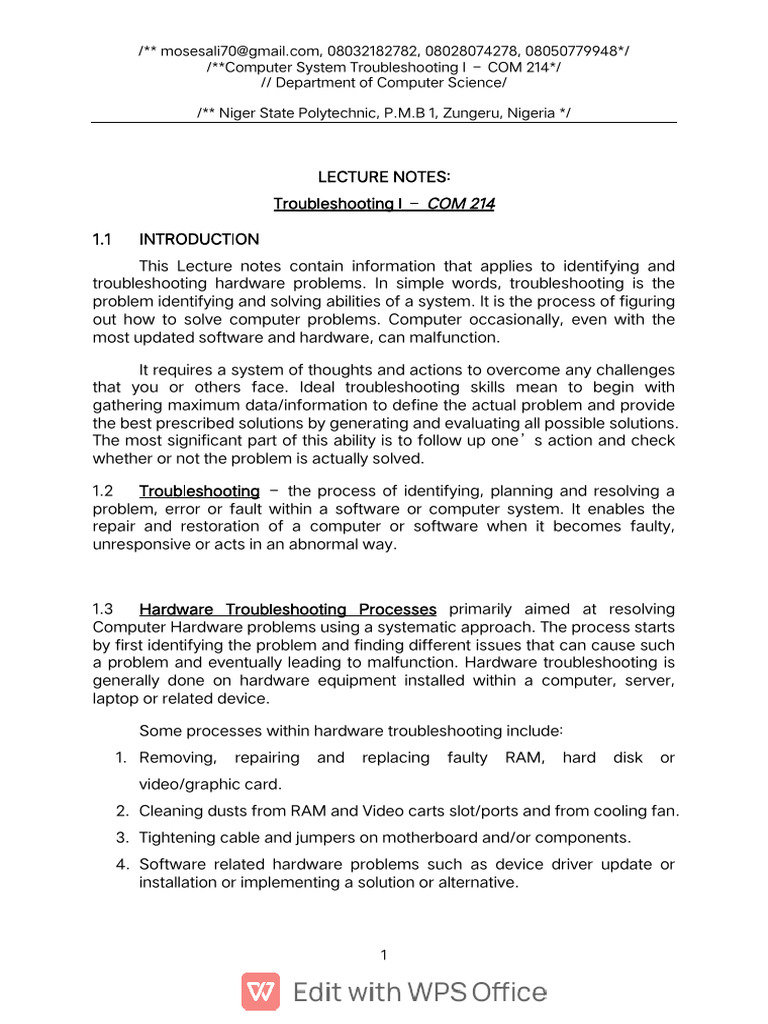 Troubleshooting COM 214 Lecture Notes 2024 | PDF