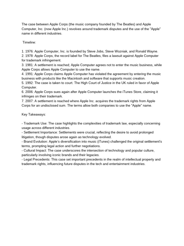 The case between Apple Corps (the music company founded by The Beatles ...