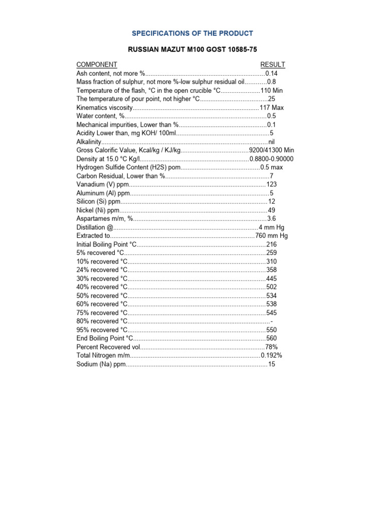 Specifications of Mazut-M100 | PDF