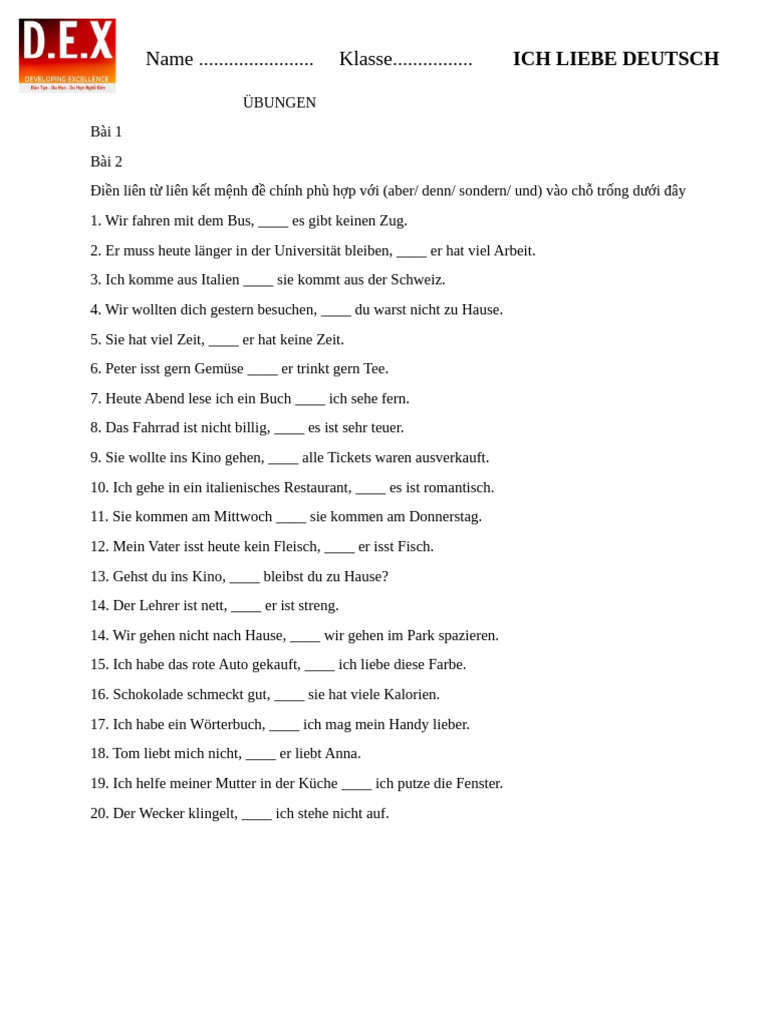 Name ....................... Klasse................ : Ich Liebe Deutsch ...