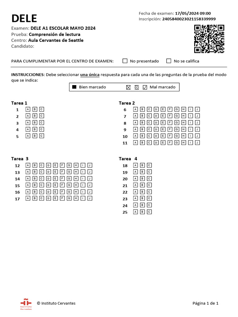 DELE A1 ESCOLAR_Modelo de hoja de respuesta | PDF