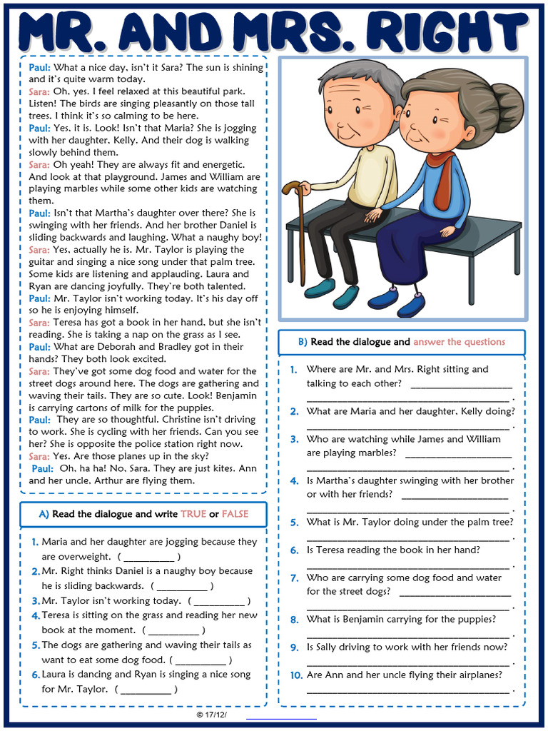Present Continuous Tense MR and Mrs Right Esl Dialogue Comprehension ...