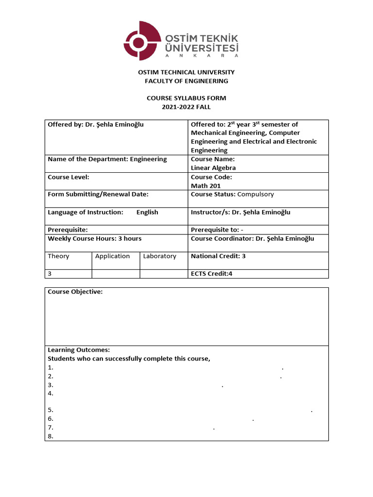 2023-Math 201 Linear Algebra-Form | PDF 2023-Math 201 Linear Algebra-Form | PDF