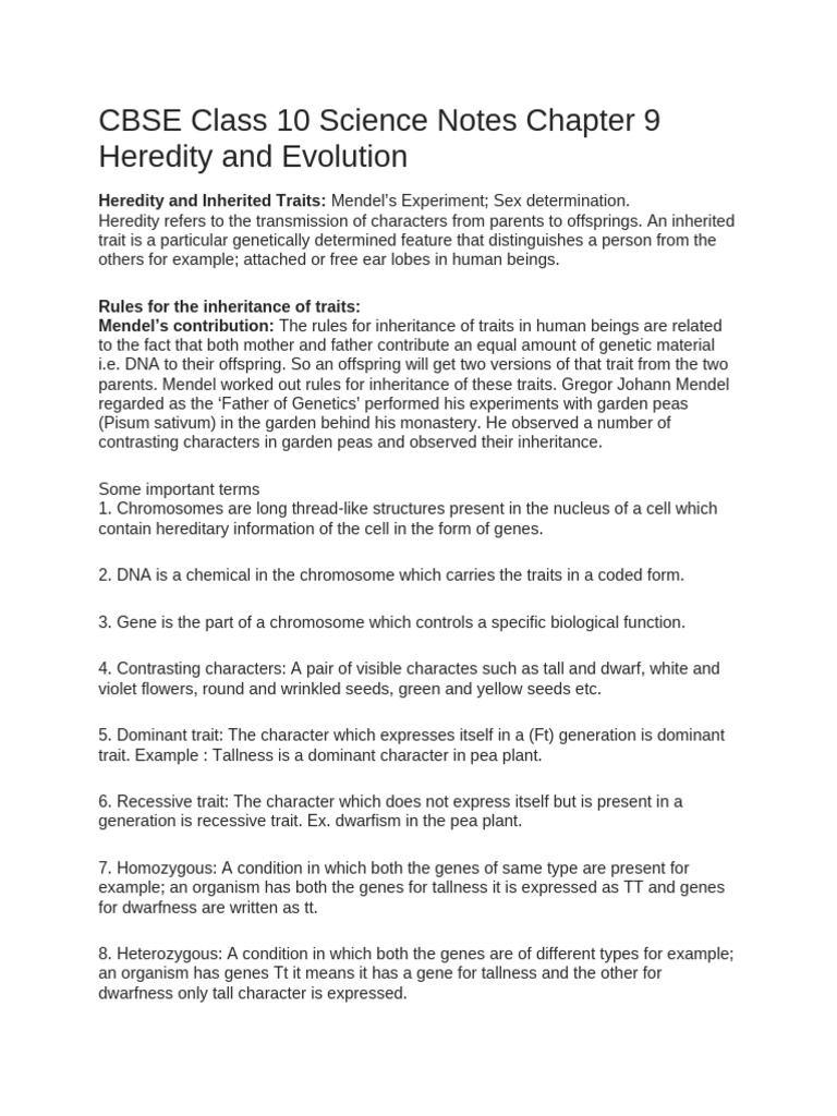 CBSE Class 10 Science Notes Chapter 9 Heredity and Evolution | PDF