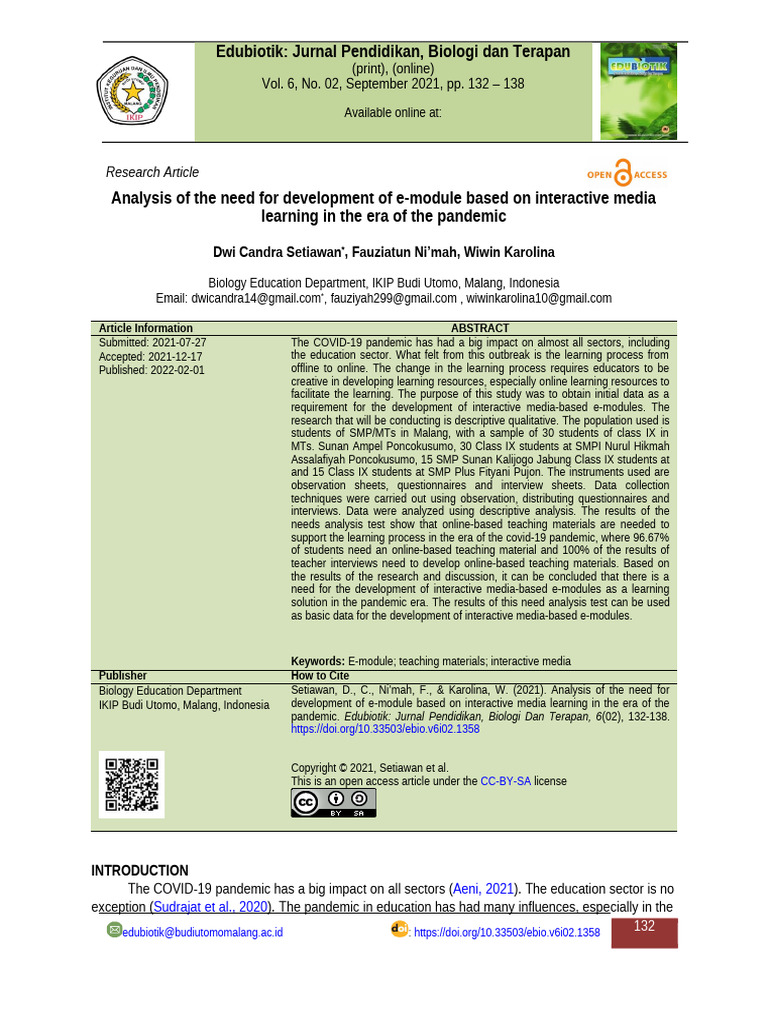 Analisis Kebutuhan Pengembangan E-Modul Berbasis Media Pembelajaran Interaktif Di Era Pandemi | PDF