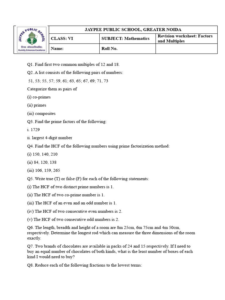 Factors and Multiples Worksheet | PDF