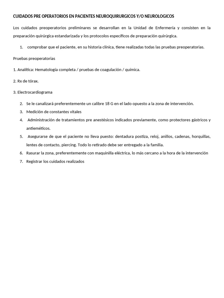Cuidados Pre Operatorios en Pacientes Neuroquirurgicos y | PDF