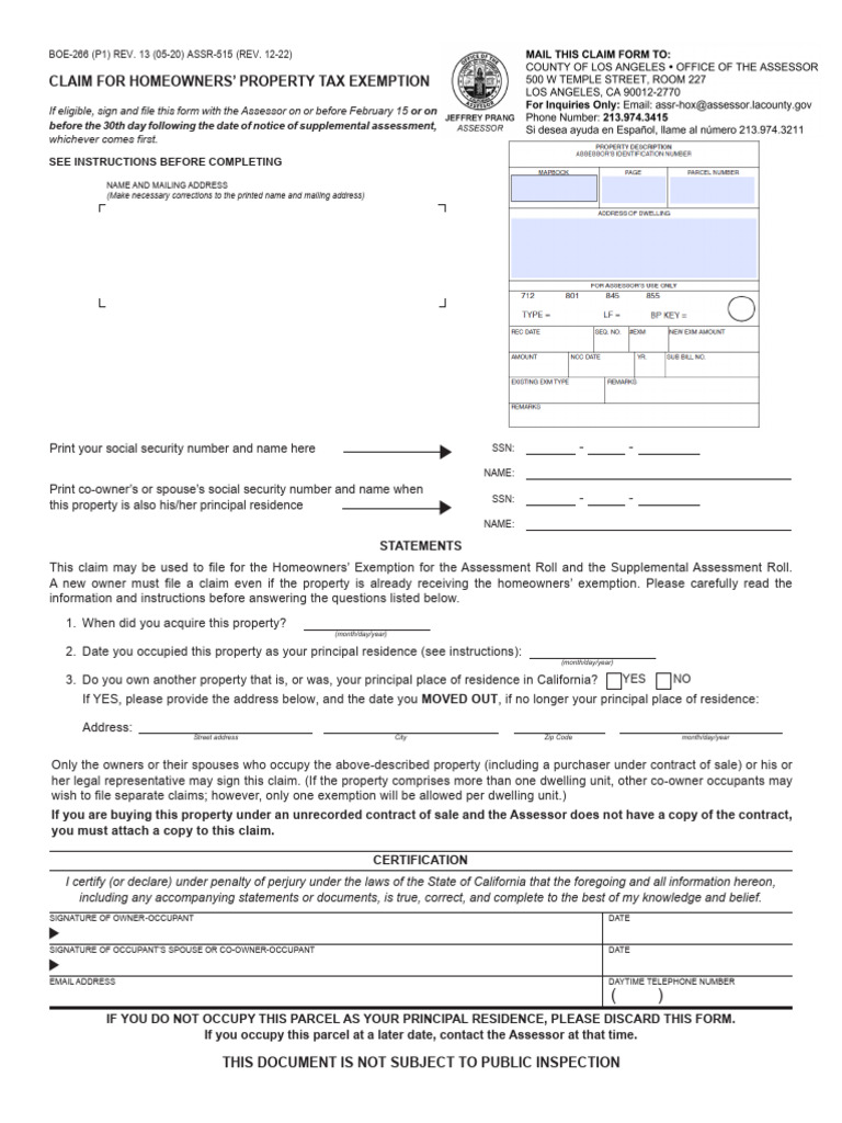 BOE 266 ASSR 515 Homeownerexemption | PDF