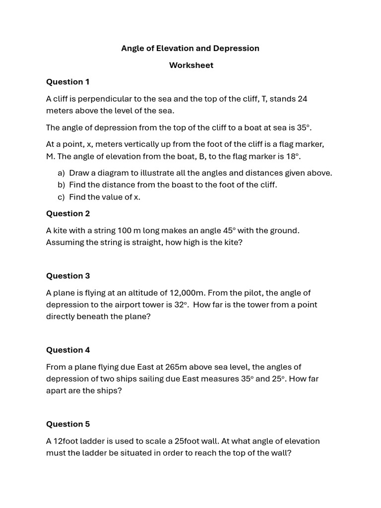 Angle of Elevation & Depression Worksheet | PDF