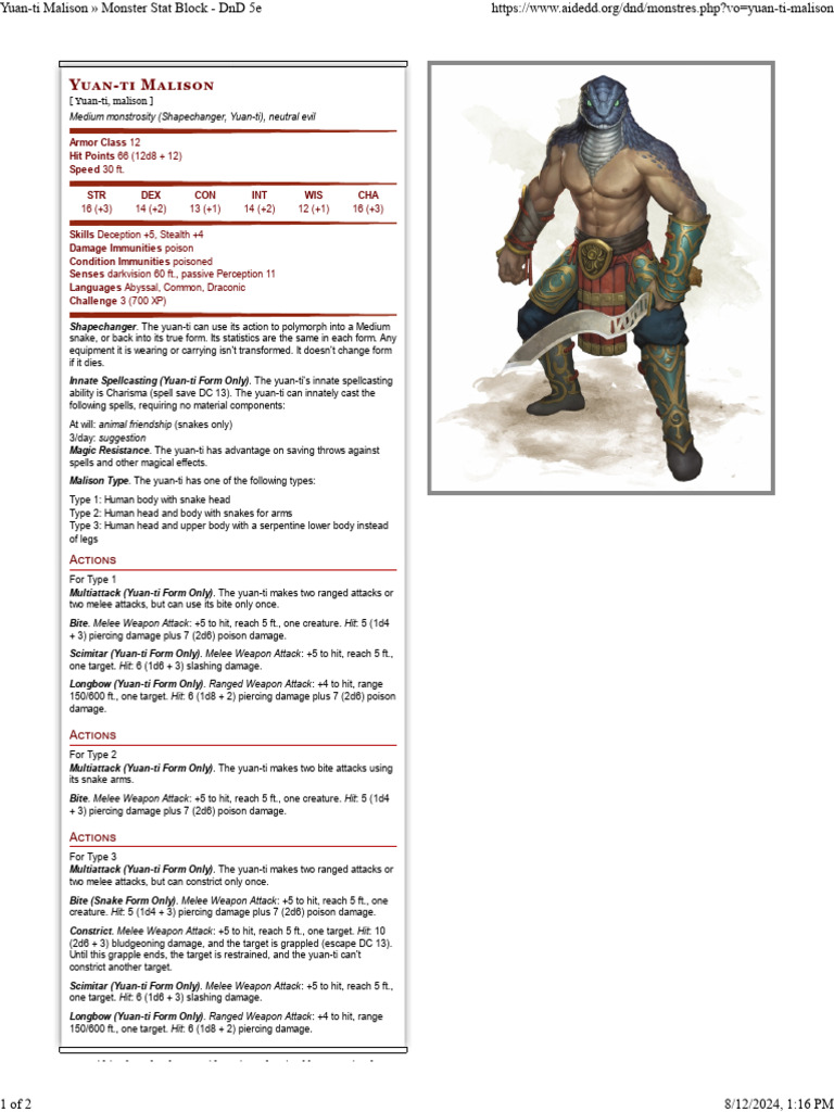 Yuan-Ti Malison Monster Stat Block - DND 5e | PDF